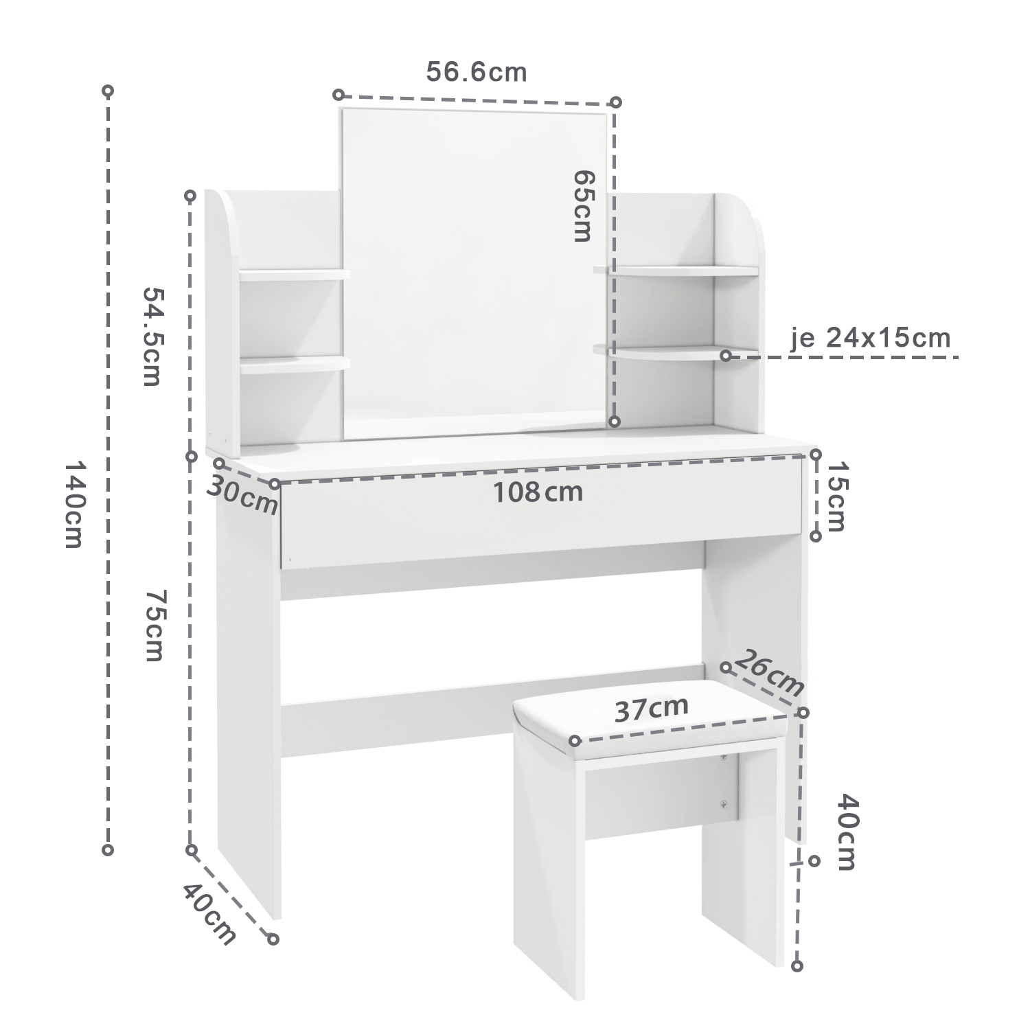Coiffeuse SONNI Blanc avec miroir et tabouret,avec lampe à miroir Led,3 ...