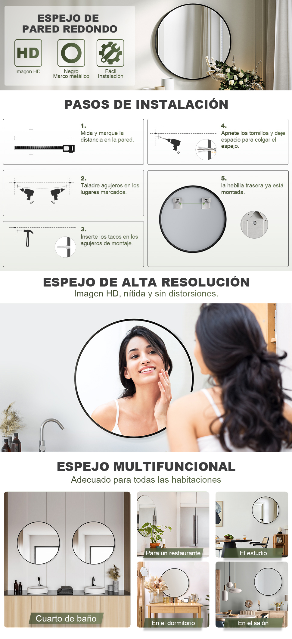 SONNI Espejo Redondo para Baño Diseño de Marco de Aluminio Negro Espejo ...